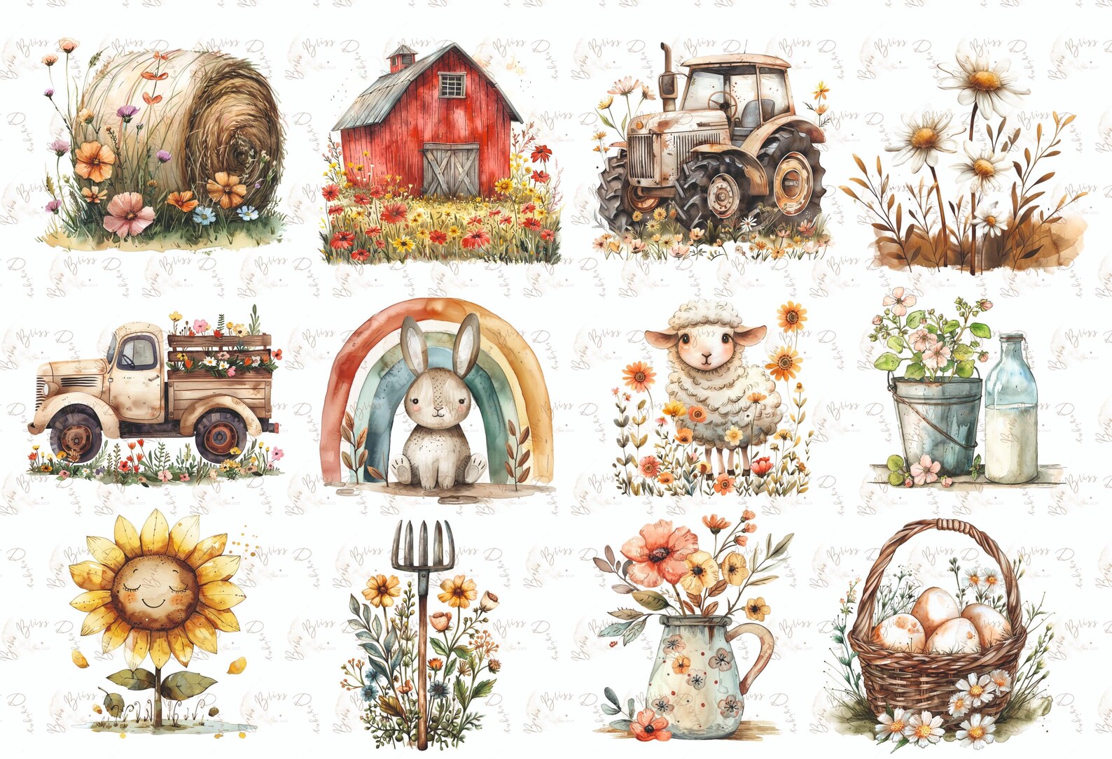 Cute Farm Clipart, Farm Animals Watercolor Digital Clipart, Farm ...