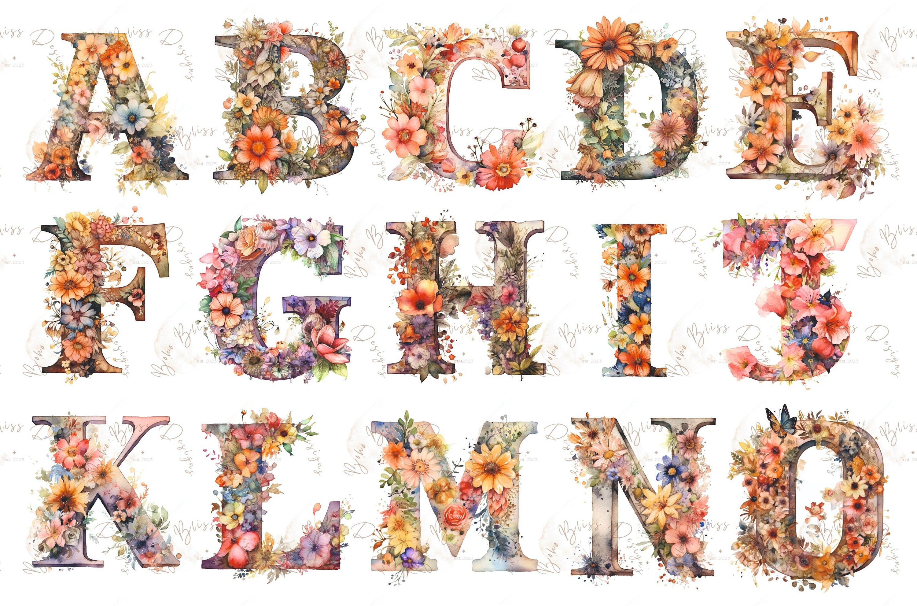 Alphabet Watercolor PNG Watercolor Floral Alphabet Letters - Etsy