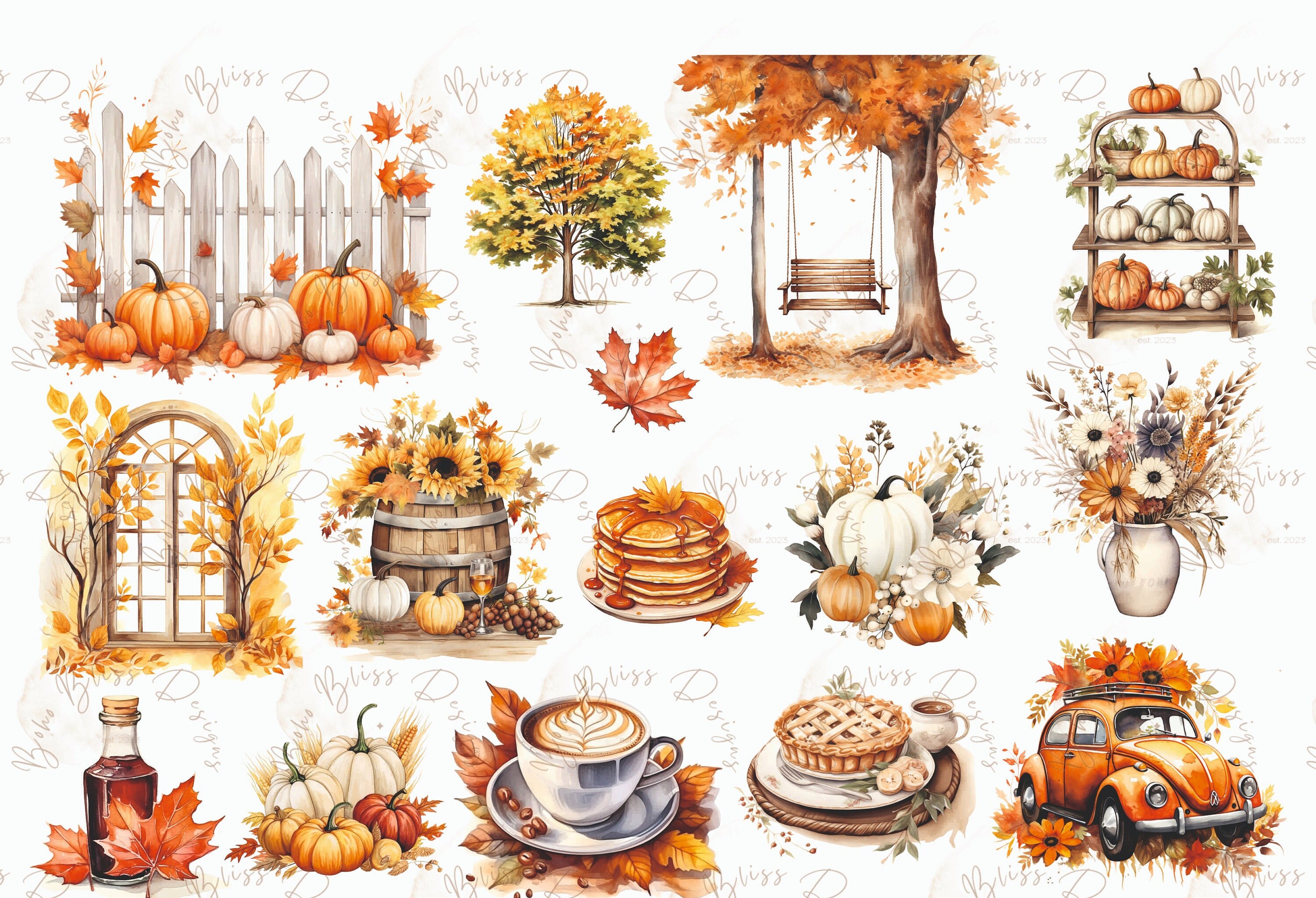 Watercolor Fall Decor Clipart, Watercolor Autumn Clipart, Watercolor ...