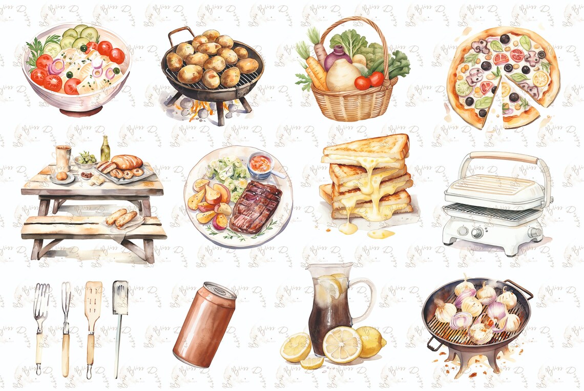 Grill Picnic Garden Clipart, Watercolor Barbecue Food Bundle, Barbecue ...