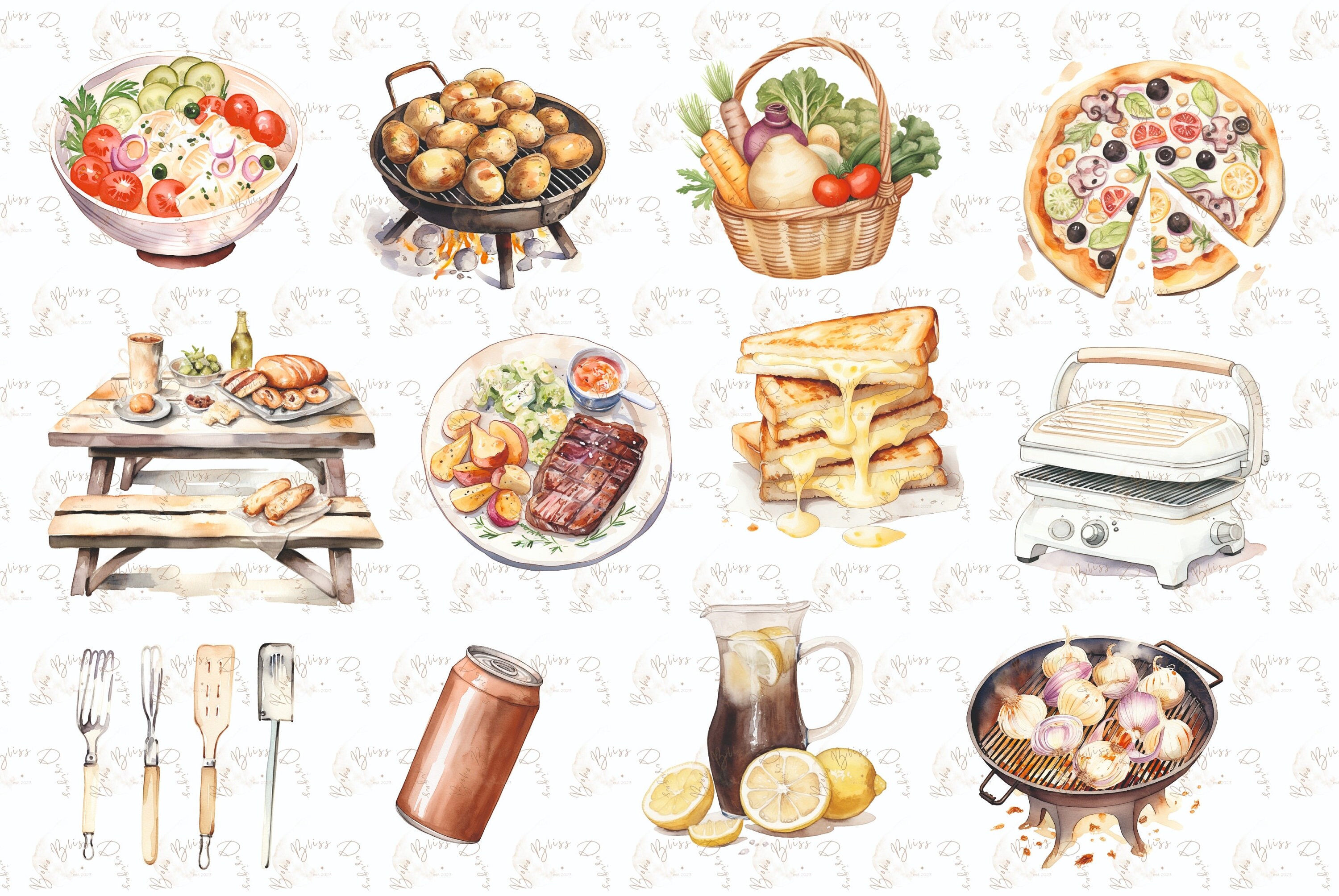 Grill Picnic Garden Clipart, Watercolor Barbecue Food Bundle, Barbecue ...