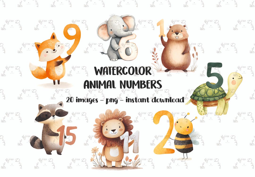 Animal Watercolor Clipart, Cute Numbers, Cute Animal Numbers ...