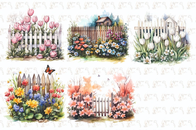 Spring Clipart Watercolor Garden Fences Clipart Spring - Etsy