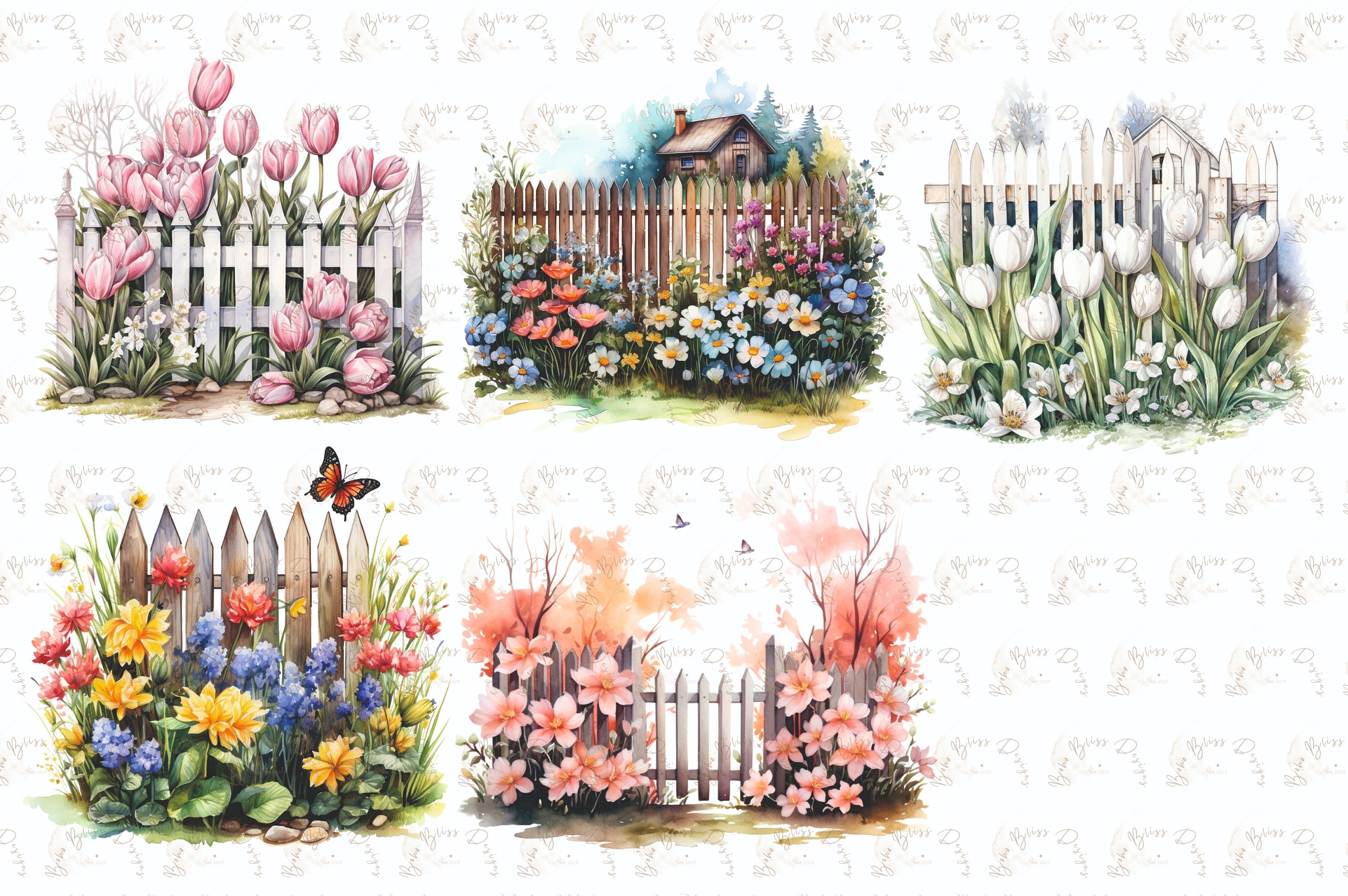 Spring Clipart Watercolor Garden Fences Clipart Spring - Etsy