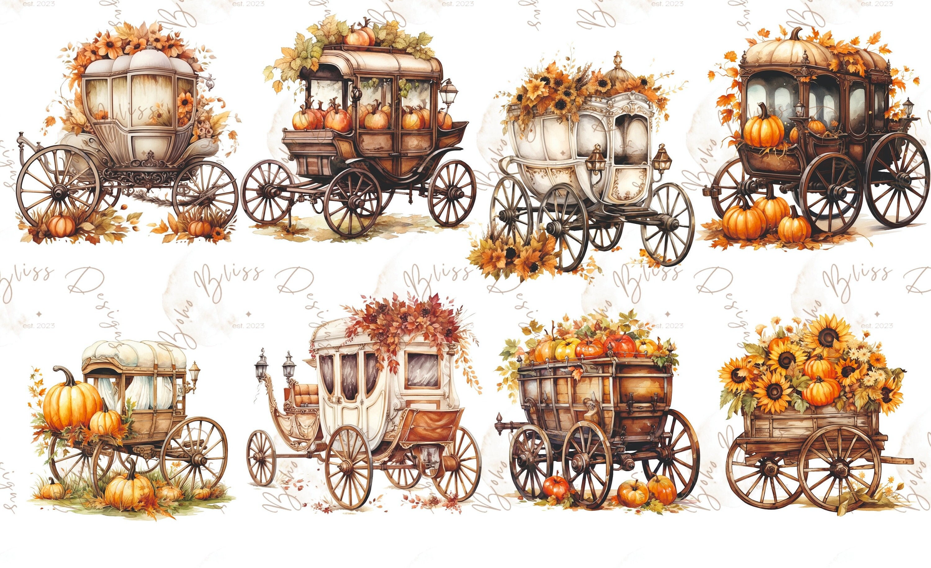 Watercolor Pumpkin Wagon Clipart Bundle, Watercolor Fall Wheelbarrows ...