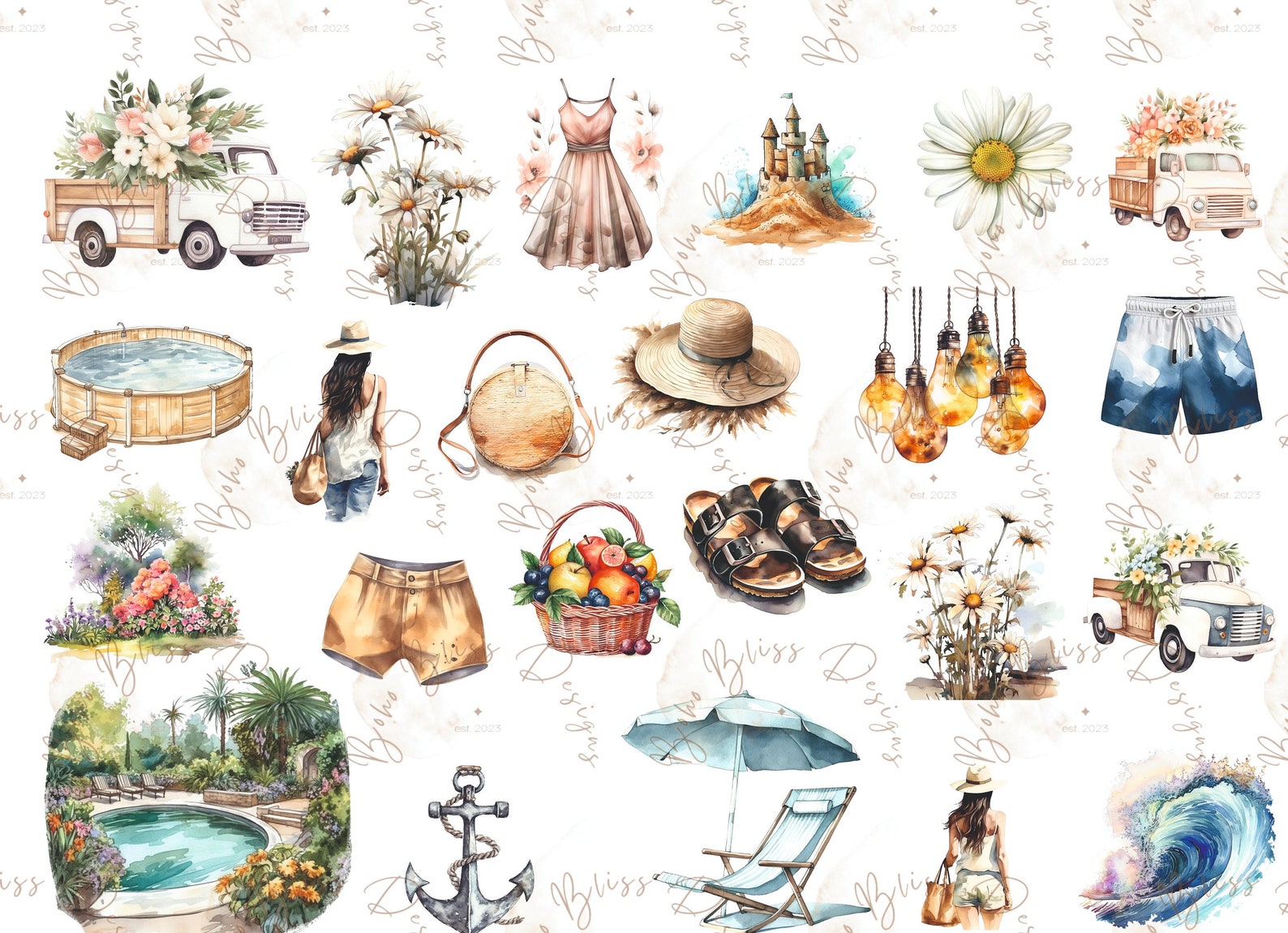 Tropical Clip Art, Watercolor Summer Clipart Set, Beach Clipart ...