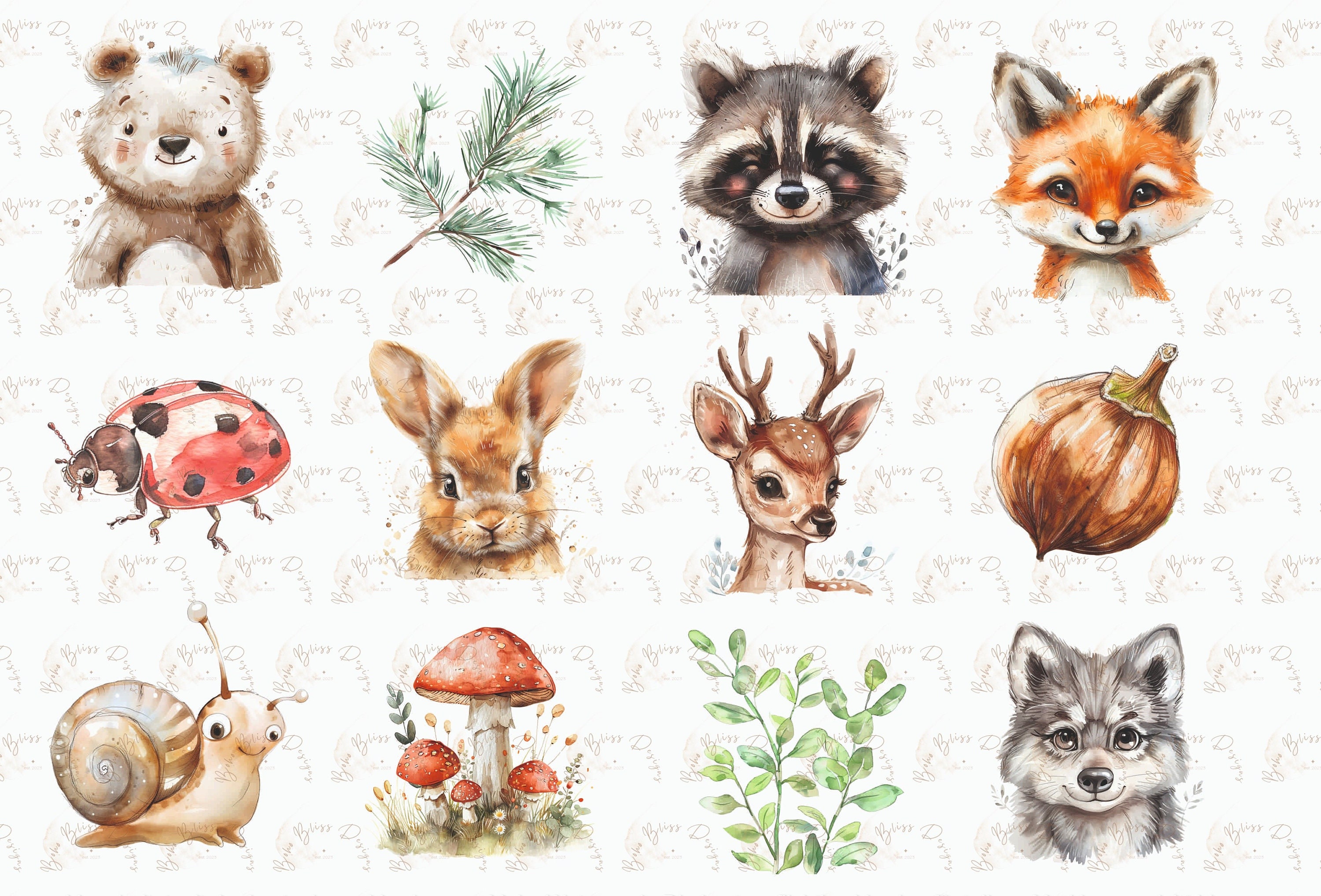 Woodland Animals Watercolor Clipart, Forest Animals Clip Art, Nursery ...