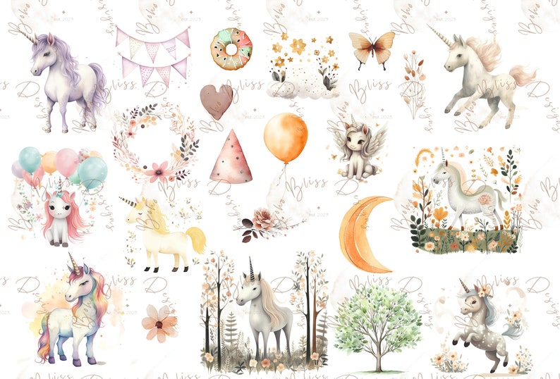 Unicorn Watercolor Clipart PNG Bundle, Cute Rainbow Unicorns, Pastel ...