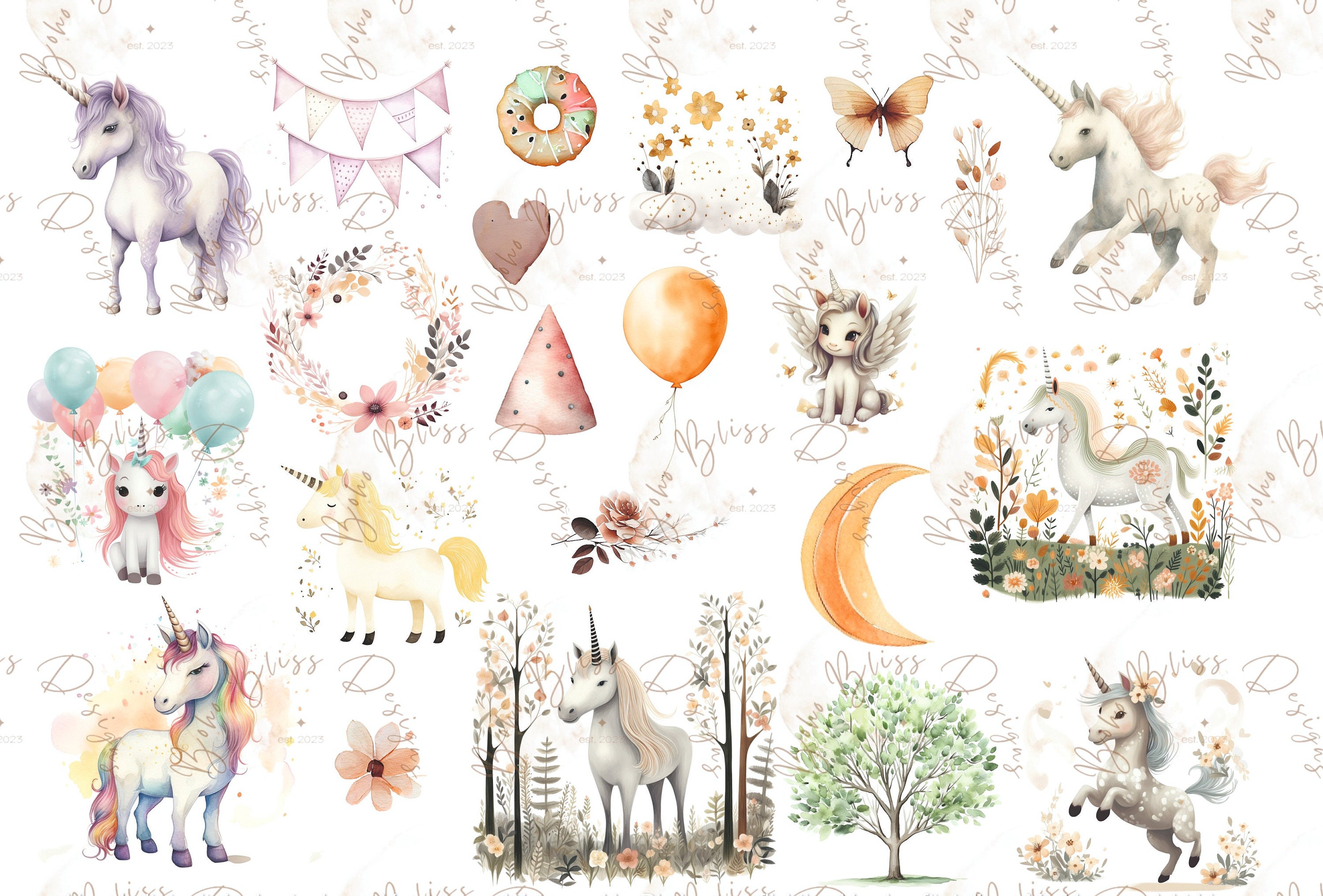 Unicorn Watercolor Clipart PNG Bundle, Cute Rainbow Unicorns, Pastel ...