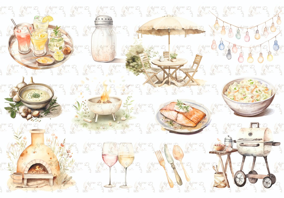 Grill Picnic Garden Clipart, Watercolor Barbecue Food Bundle, Barbecue ...