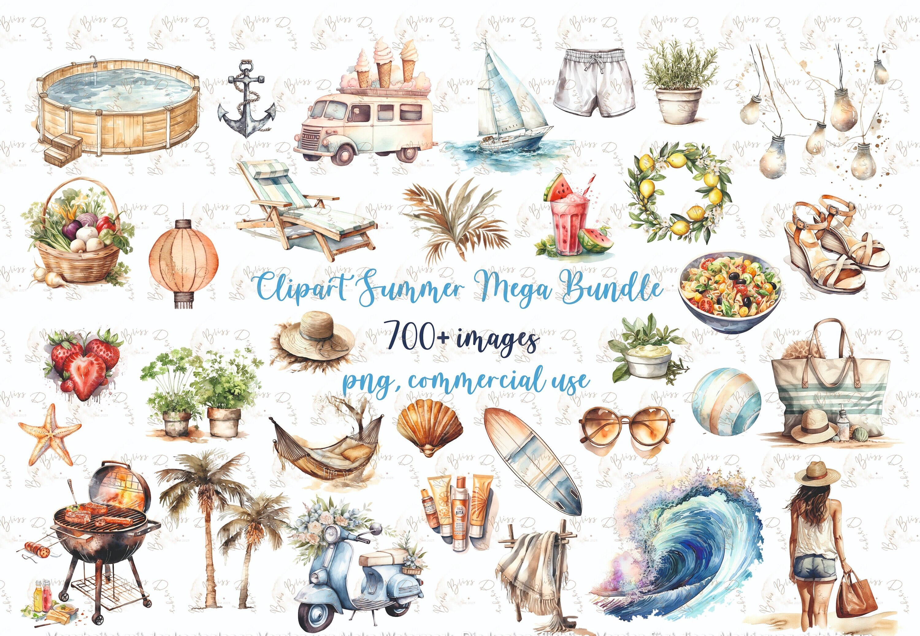 Summer Clipart, Watercolor Summer Clipart, Vacation Clipart, Summer ...