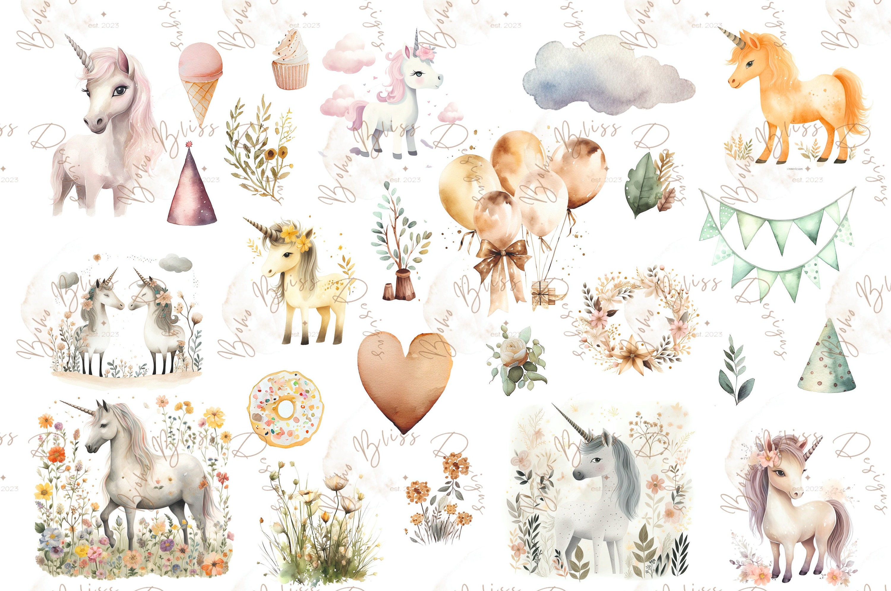 Unicorn Watercolor Clipart PNG Bundle, Cute Rainbow Unicorns, Pastel ...