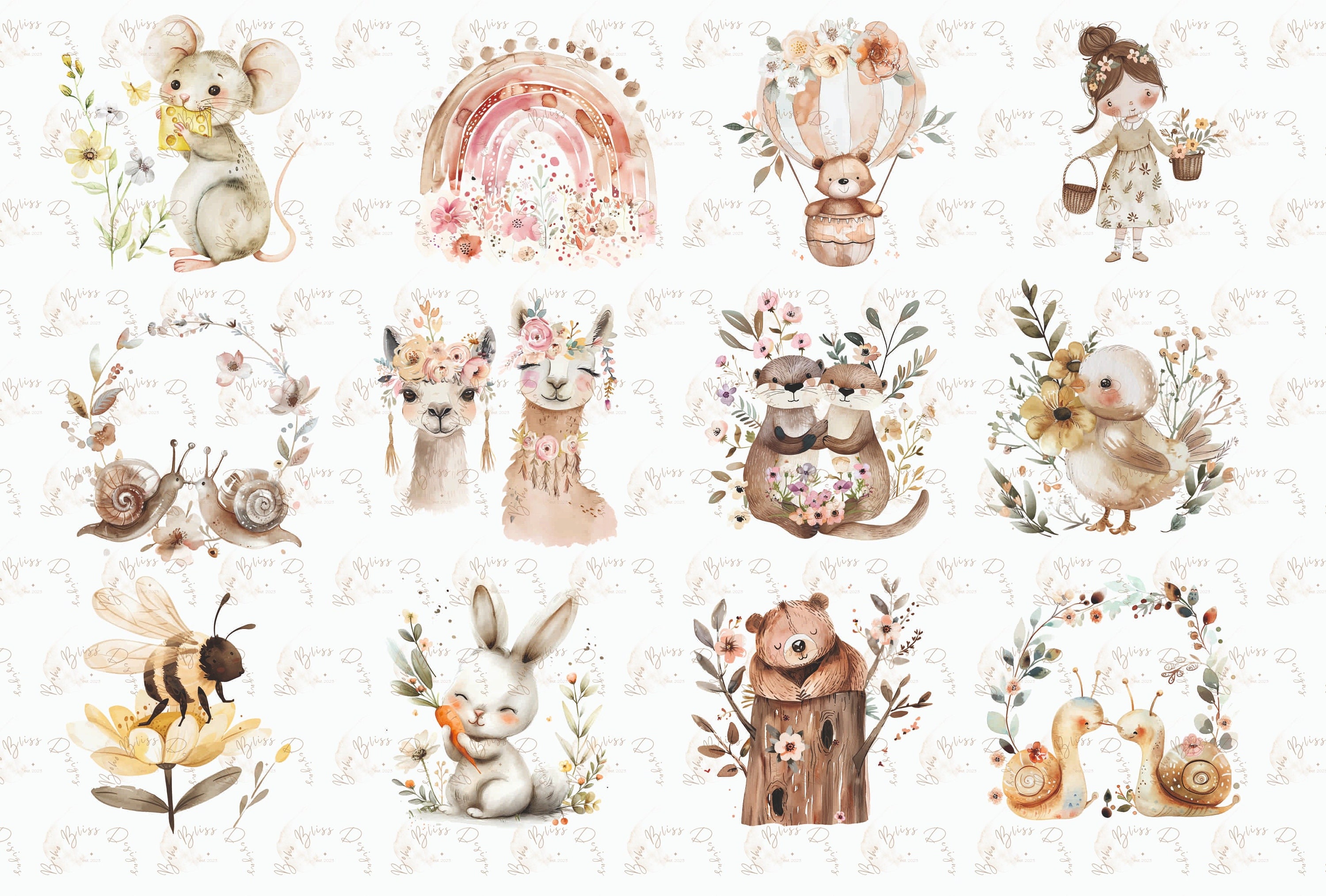Boho Woodland Clipart, Cute Woodland Animals Clipart, Boho Woodland ...
