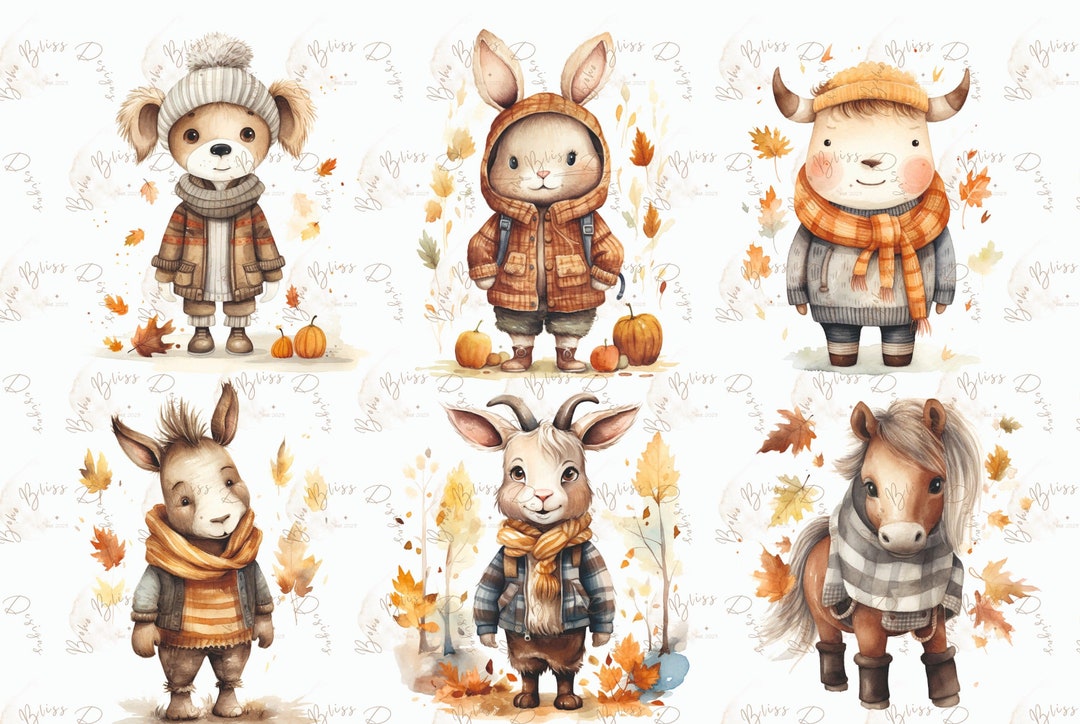 Fall Animals Clipart, Autumn Cute Baby Animals Clipart, Watercolor ...