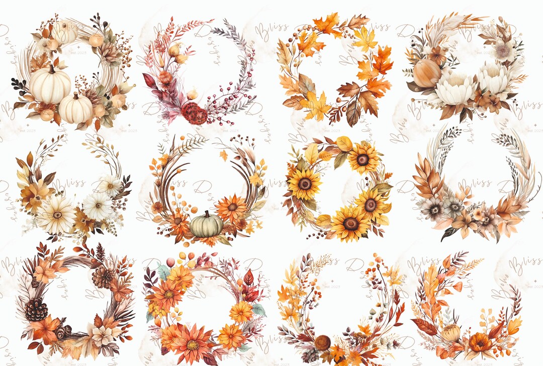 Wreath Clipart, Autumn Flower Clipart Watercolor, Fall Arrangements ...