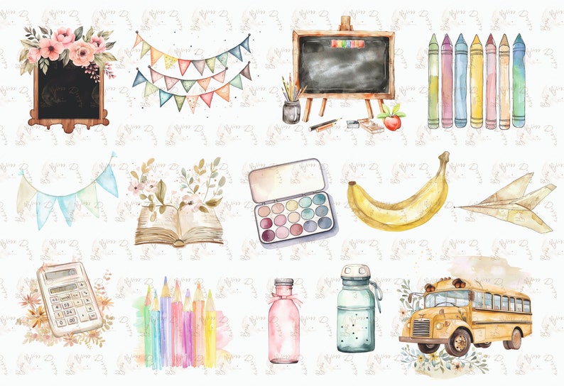 School Supply Clipart Watercolor, School Accessories,teacher Clip Art ...