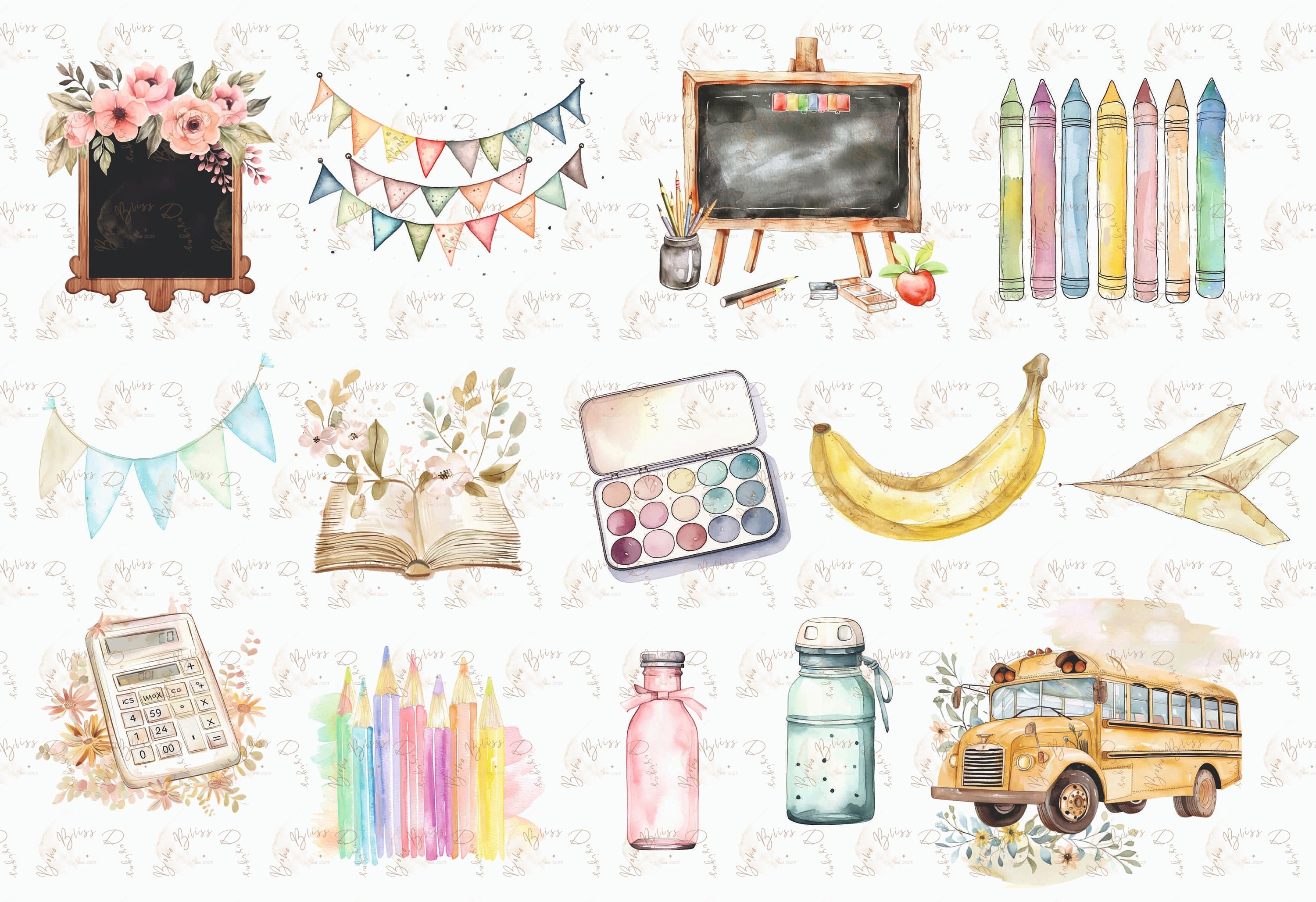 School Supply Clipart Watercolor, School Accessories,teacher Clip Art ...
