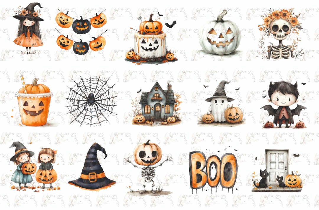 Halloween Clipart Bundle, Watercolor Halloween Clipart, Halloween Png ...