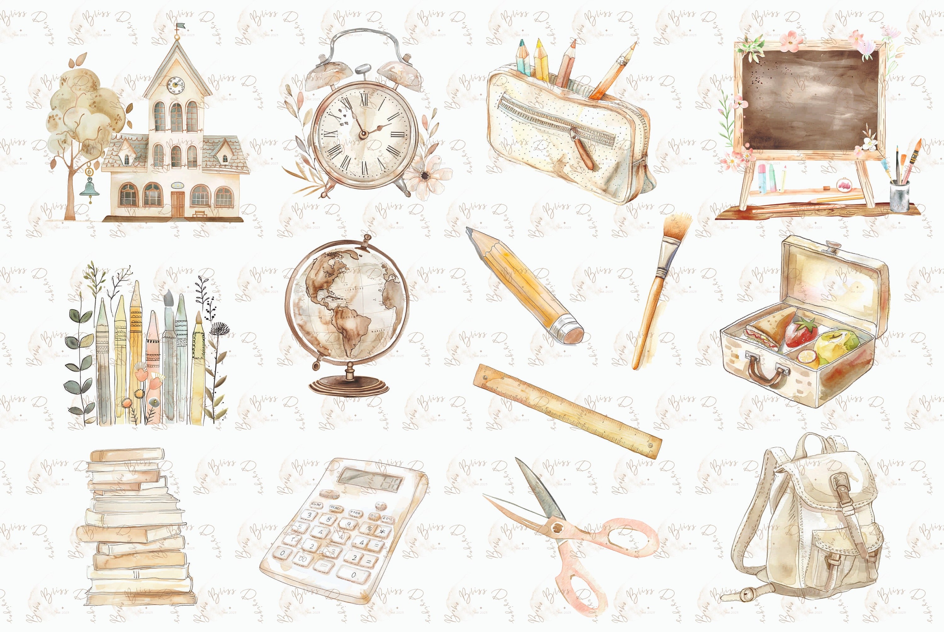 School Supply Clipart Watercolor, School Accessories,teacher Clip Art ...