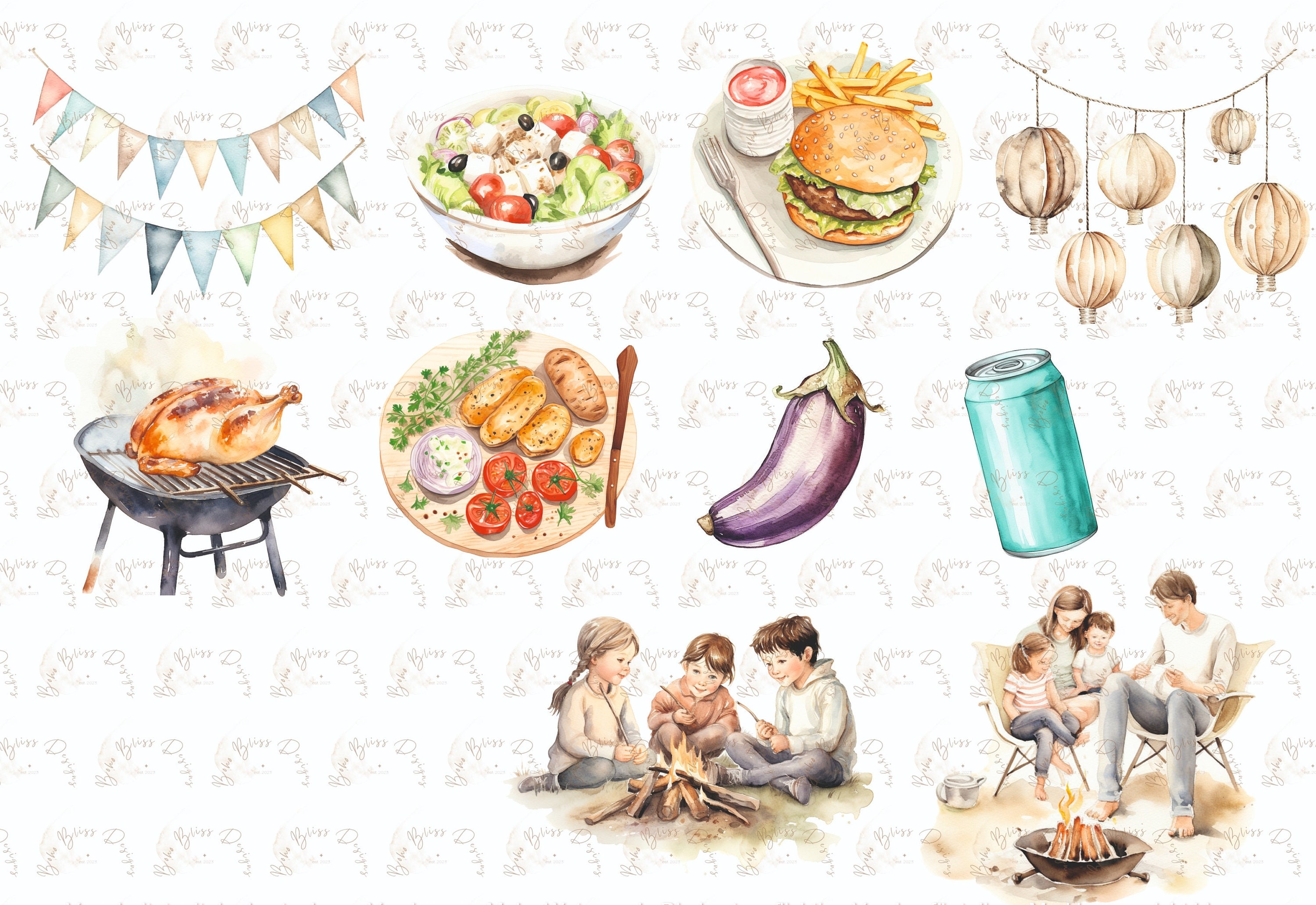 Watercolor Barbecue Clipart, Cookout Clipart, Barbecue Illustration ...