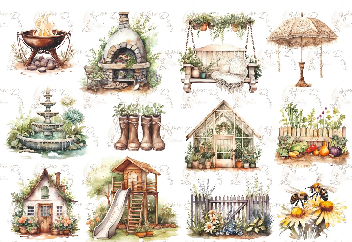 Gardening Clipart set, Watercolor Garden, Garden Clipart, Watercolor ...