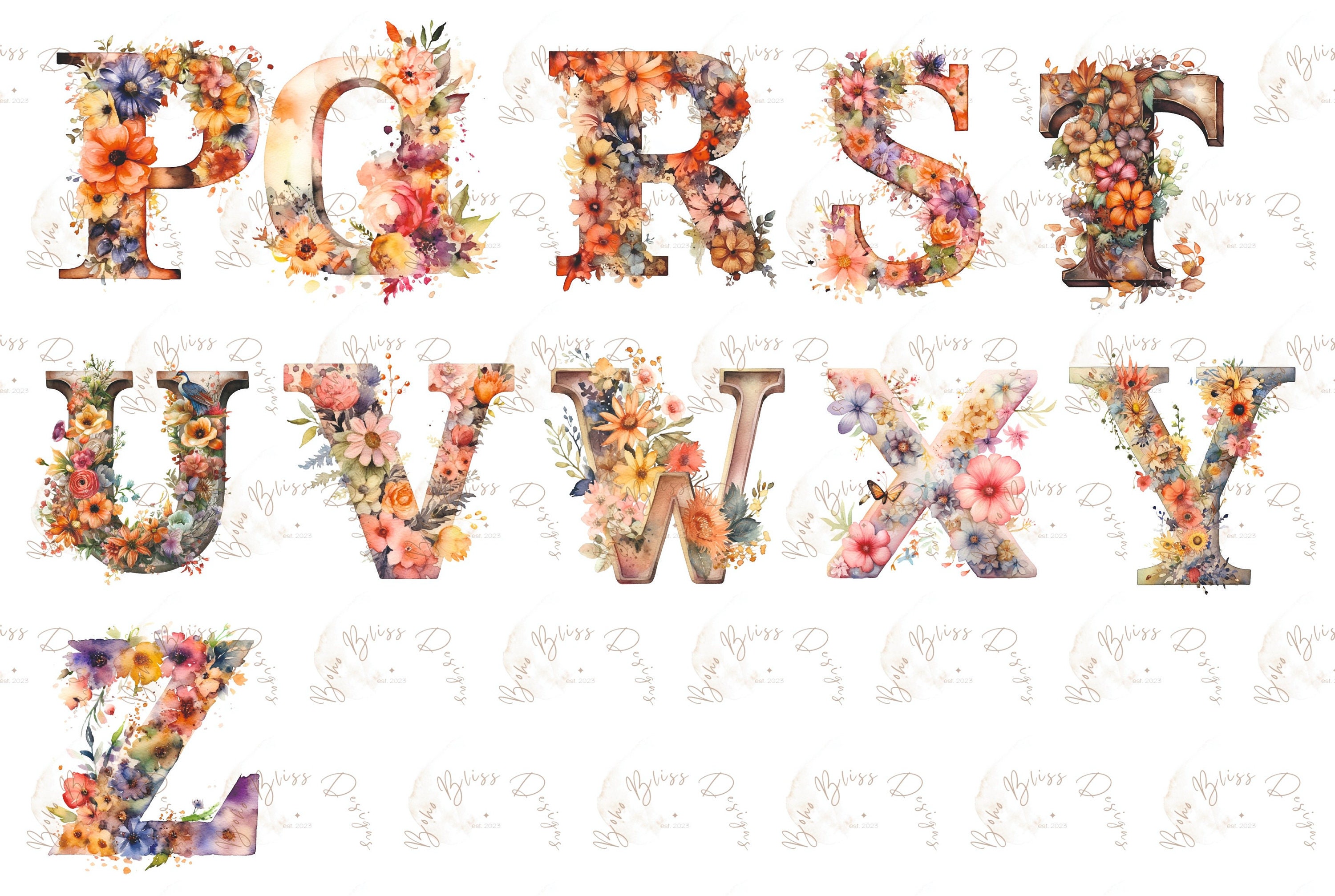 Alphabet Watercolor PNG Watercolor Floral Alphabet Letters - Etsy