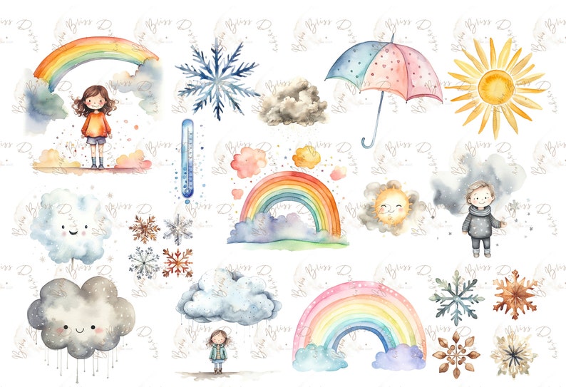 Weather Clip Art, Rainbow Clipart, Cute Weather Clipart, Cute Weather ...