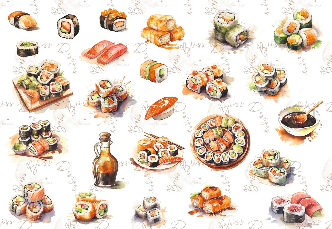 Sushi Clipart Watercolor Sushi Sushi Rolls Sushi Party - Etsy