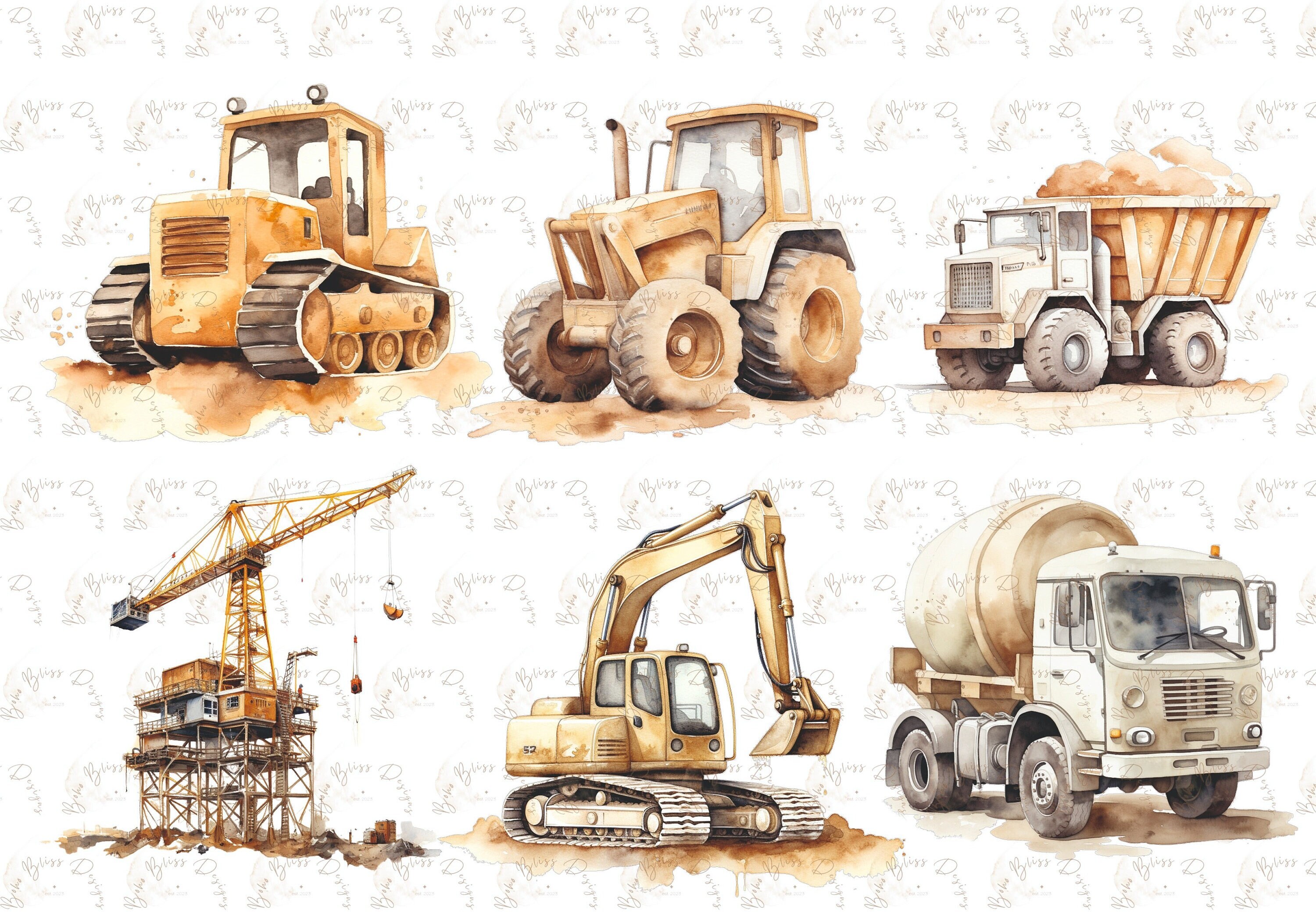 Watercolor Construction Diggers Clipart, Watercolor Construction ...