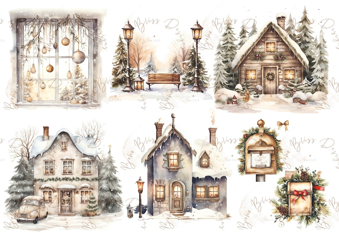 Watercolor Christmas Clipart Winter Houses Cozy Clipart Winter Clipart ...