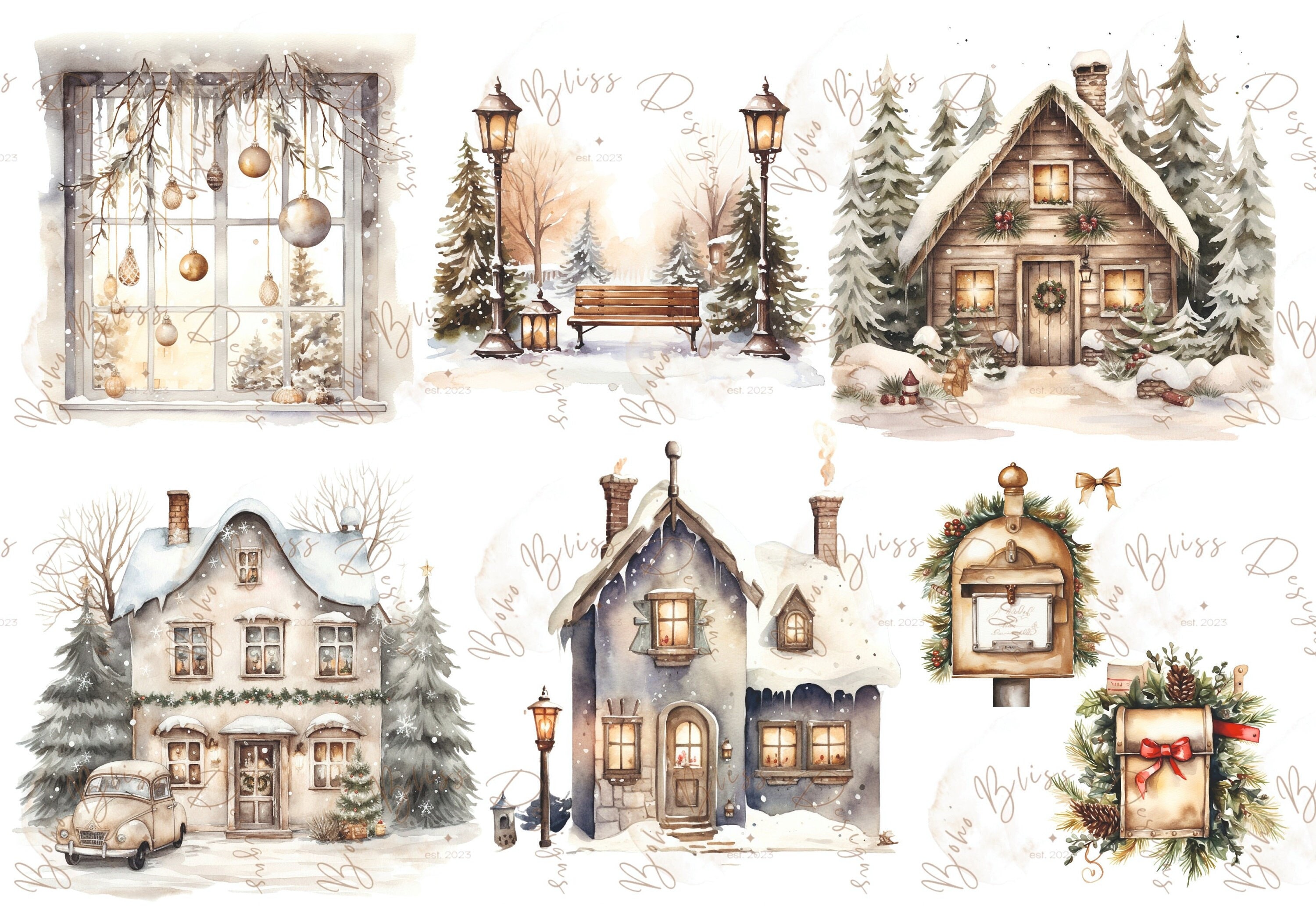 Watercolor Christmas Clipart Winter Houses Cozy Clipart Winter - Etsy