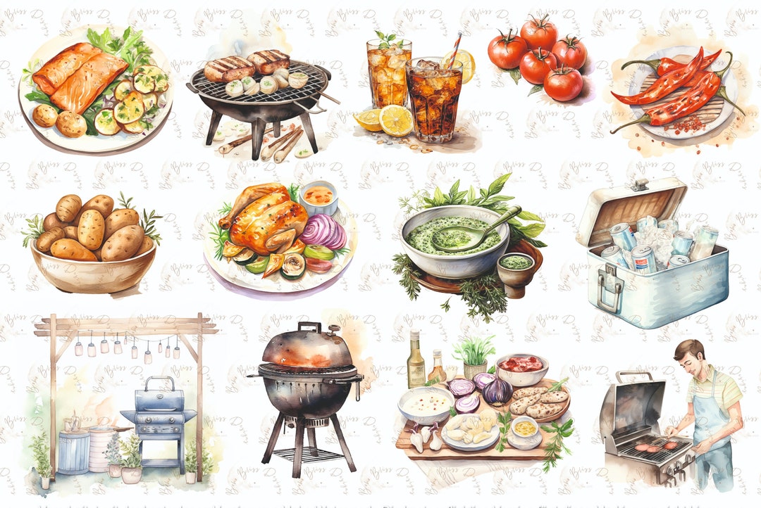 Watercolor Barbecue Clipart, Cookout Clipart, Barbecue Illustration ...