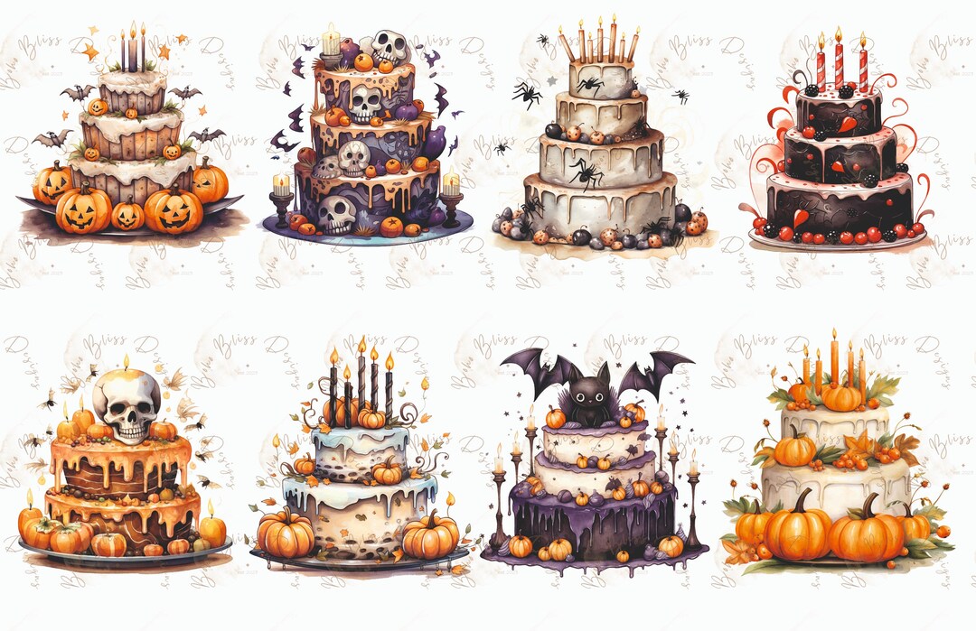 Halloween Cakes Clipart, Watercolor Clipart, Halloween PNG, Spooky ...