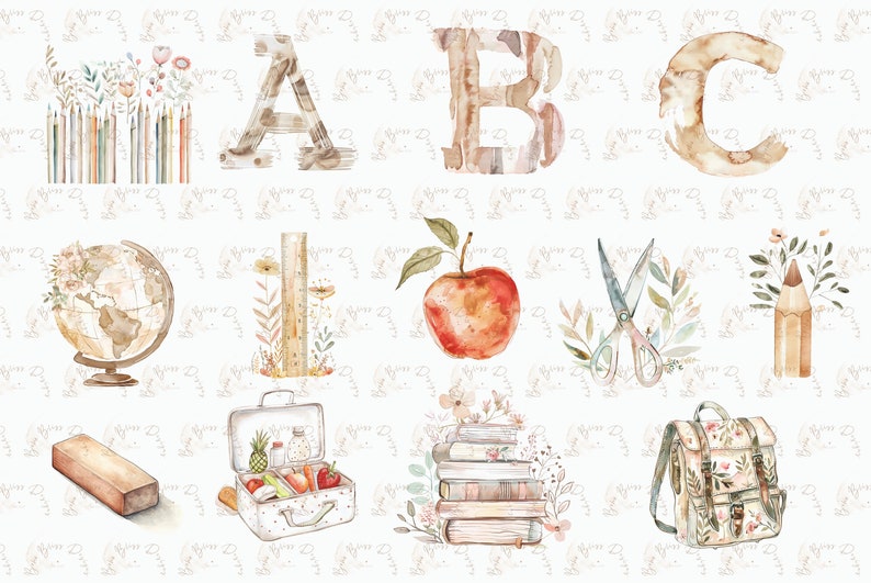 School Supply Clipart Watercolor, School Accessories,teacher Clip Art ...