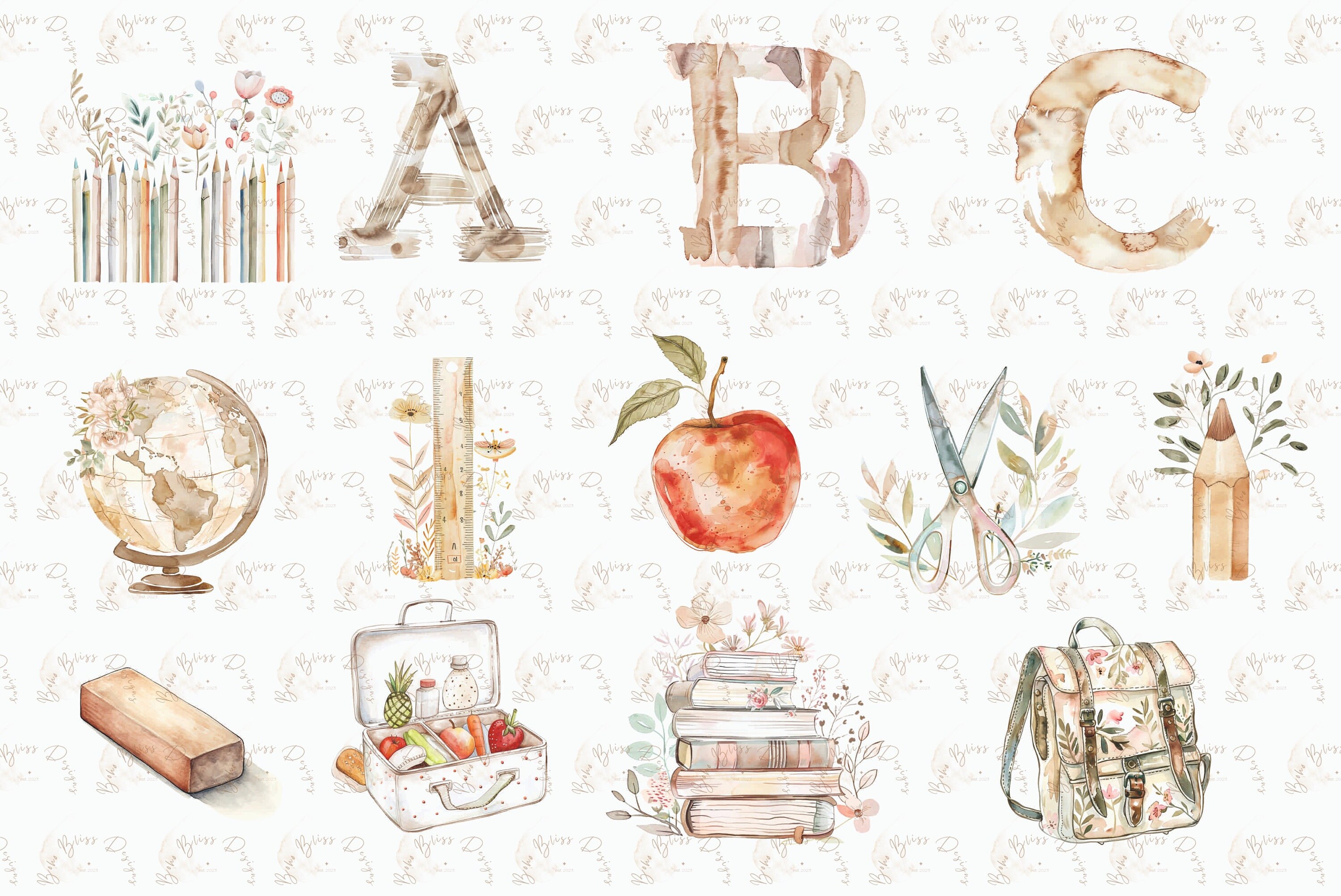 School Supply Clipart Watercolor, School Accessories,teacher Clip Art ...