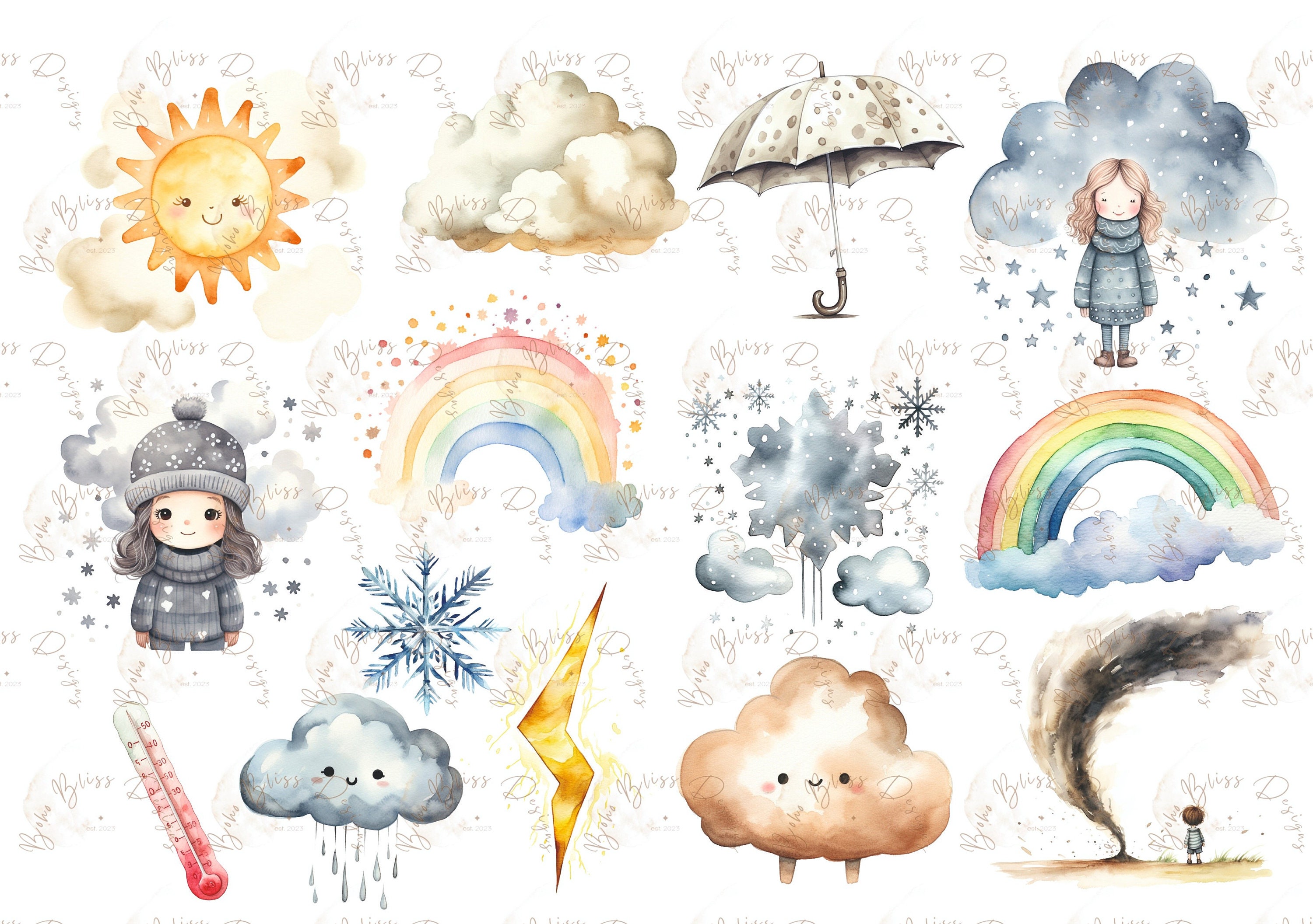 Weather clip art, rainbow clipart, cute weather clipart, Cute Weather ...