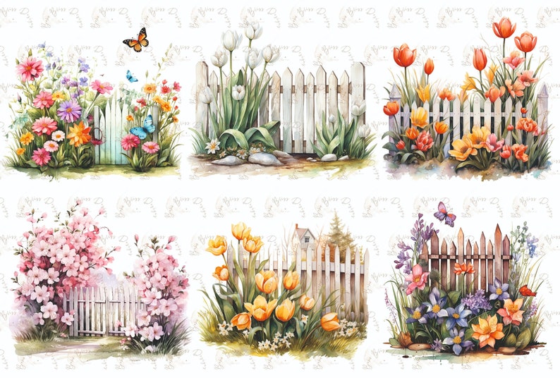 Spring Clipart Watercolor Garden Fences Clipart Spring - Etsy