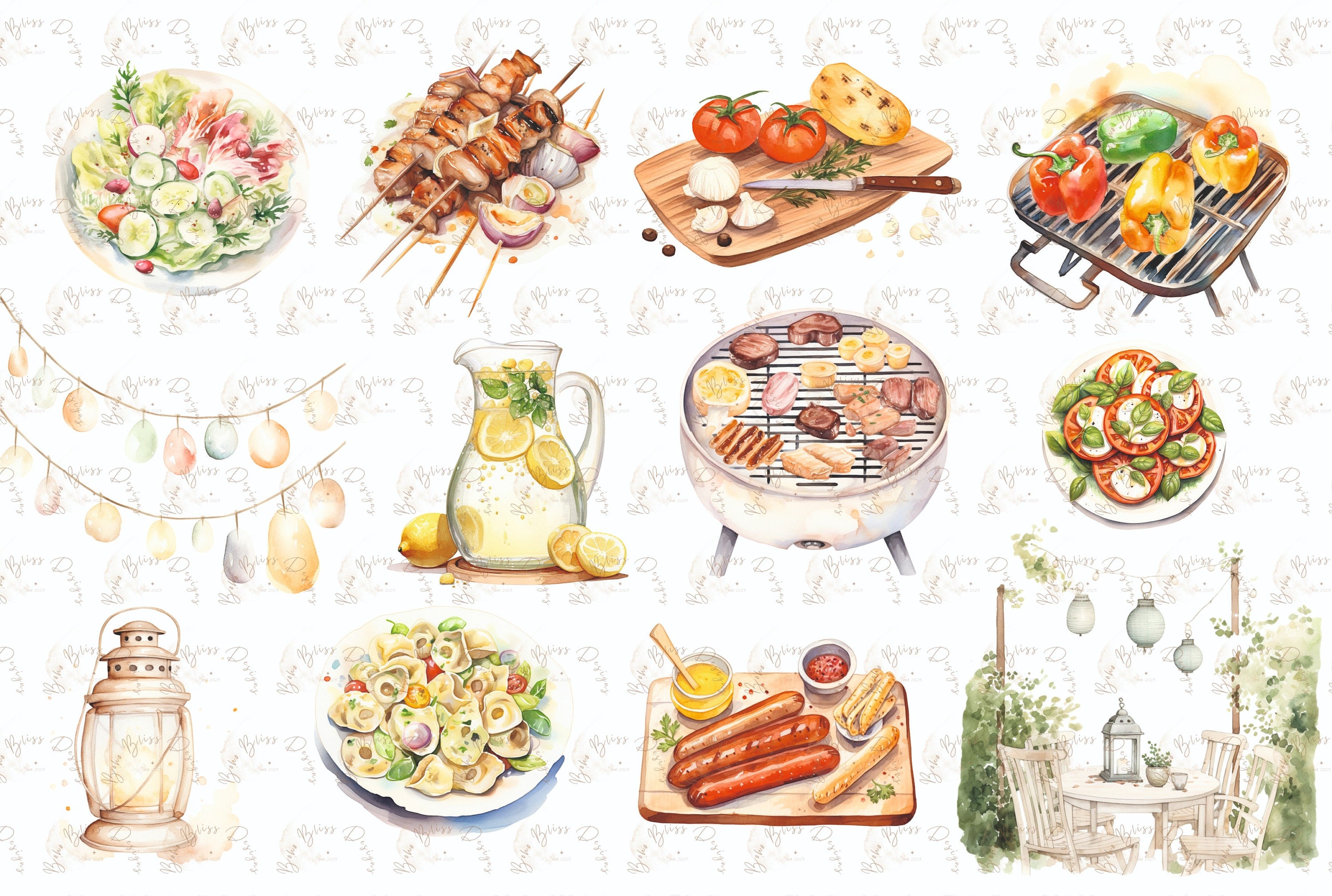 Grill Picnic Garden Clipart, Watercolor Barbecue Food Bundle, Barbecue ...
