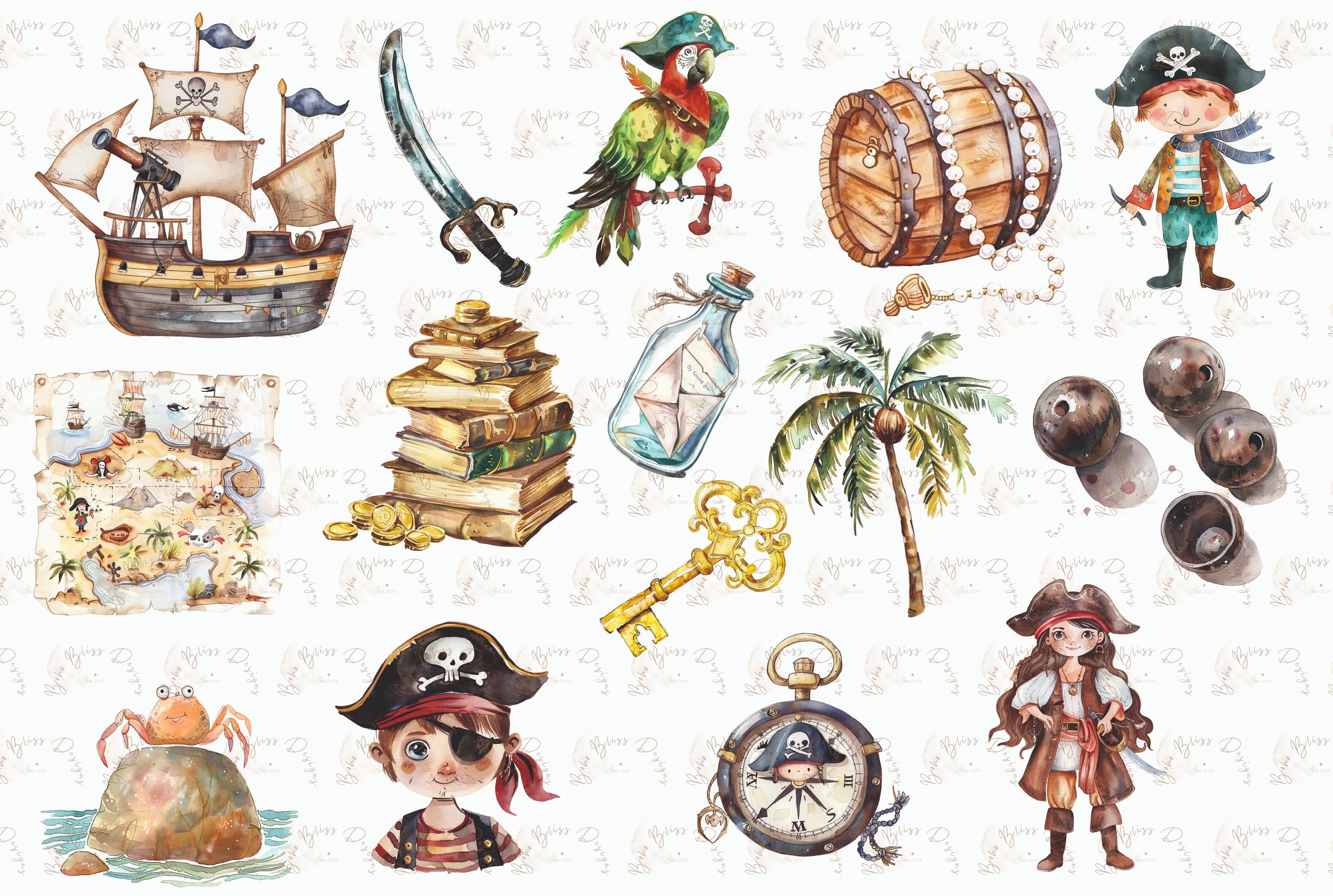 Watercolor Pirates Clipart, Buccaneers Download, Pirate Graphics ...