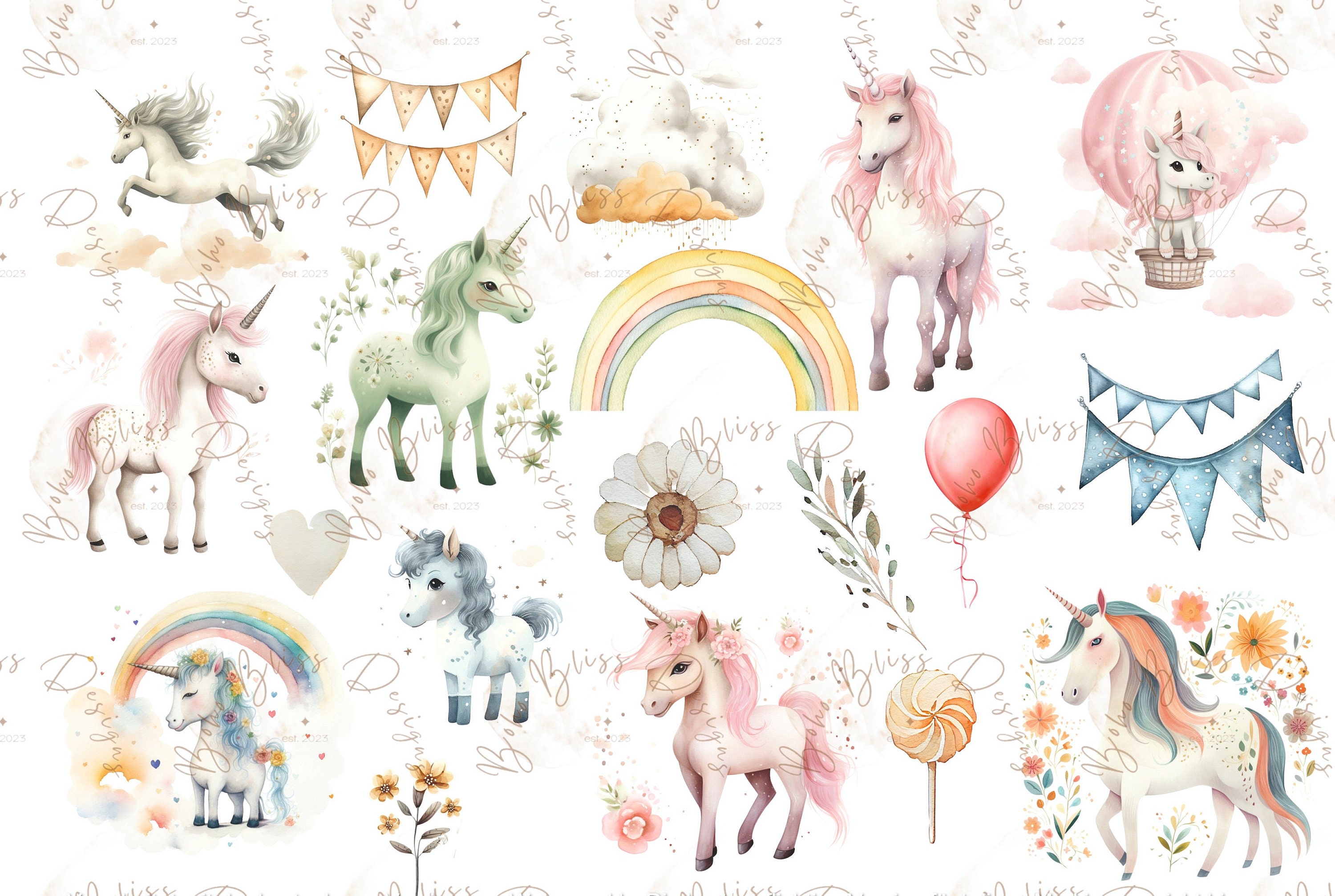 Unicorn Watercolor Clipart PNG Bundle, Cute Rainbow Unicorns, Pastel ...
