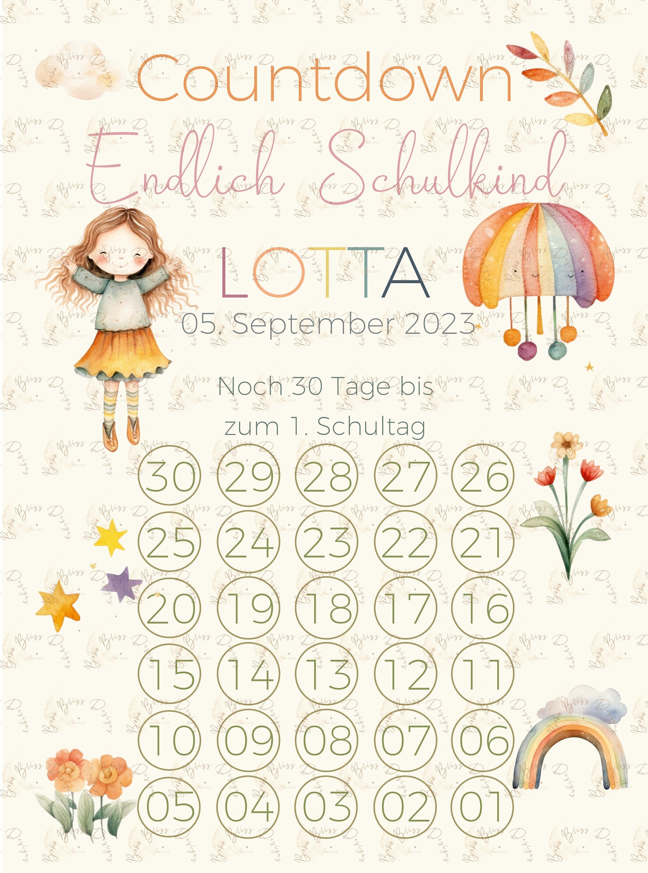 Poster Children's Room School Countdown School Child 1st Day of School ...