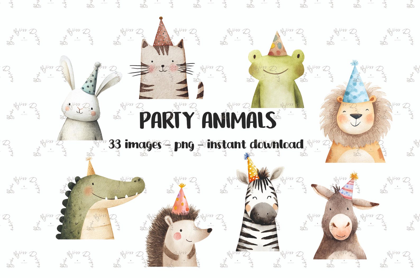 Birthday Party Animals Clipart, Watercolor Animals Clipart, Cute Party ...
