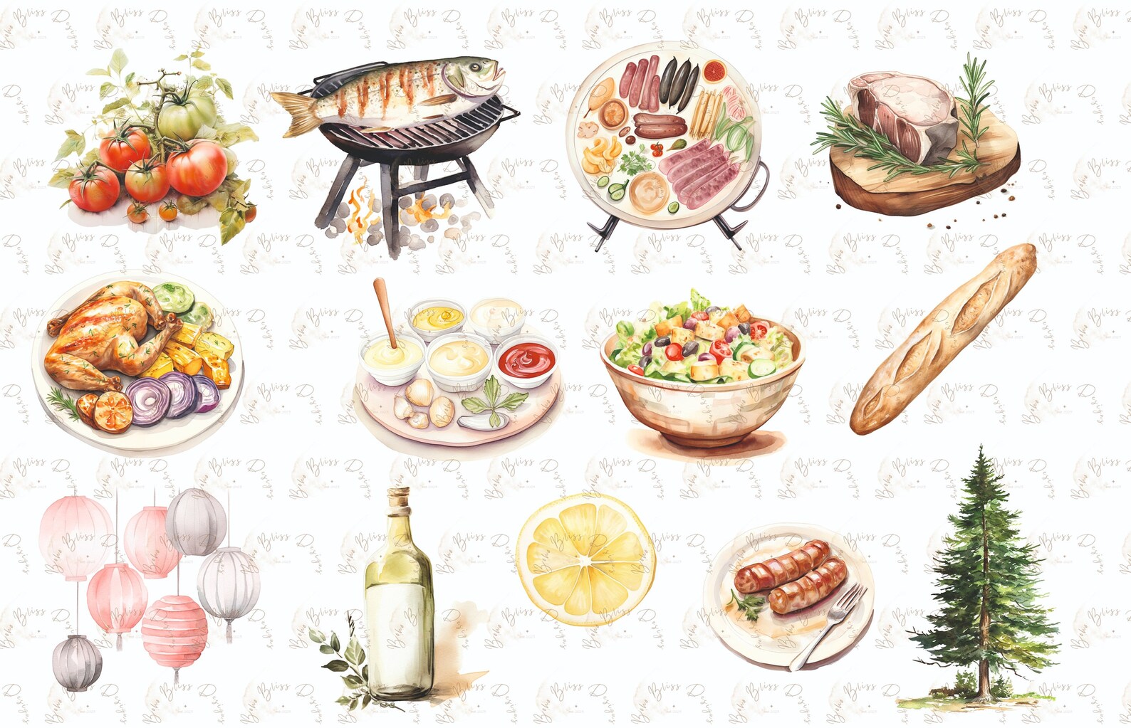 Grill Picnic Garden Clipart, Watercolor Barbecue Food Bundle, Barbecue ...