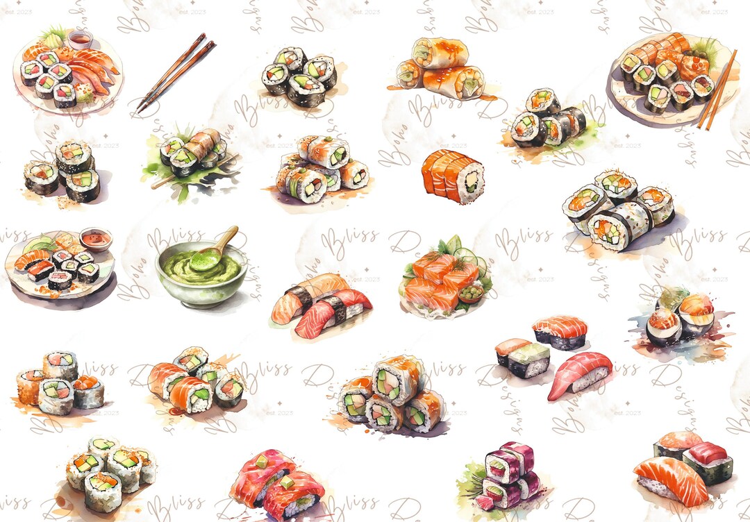 Sushi Clipart, Watercolor Sushi, Sushi Rolls, Sushi Party, Seafood ...