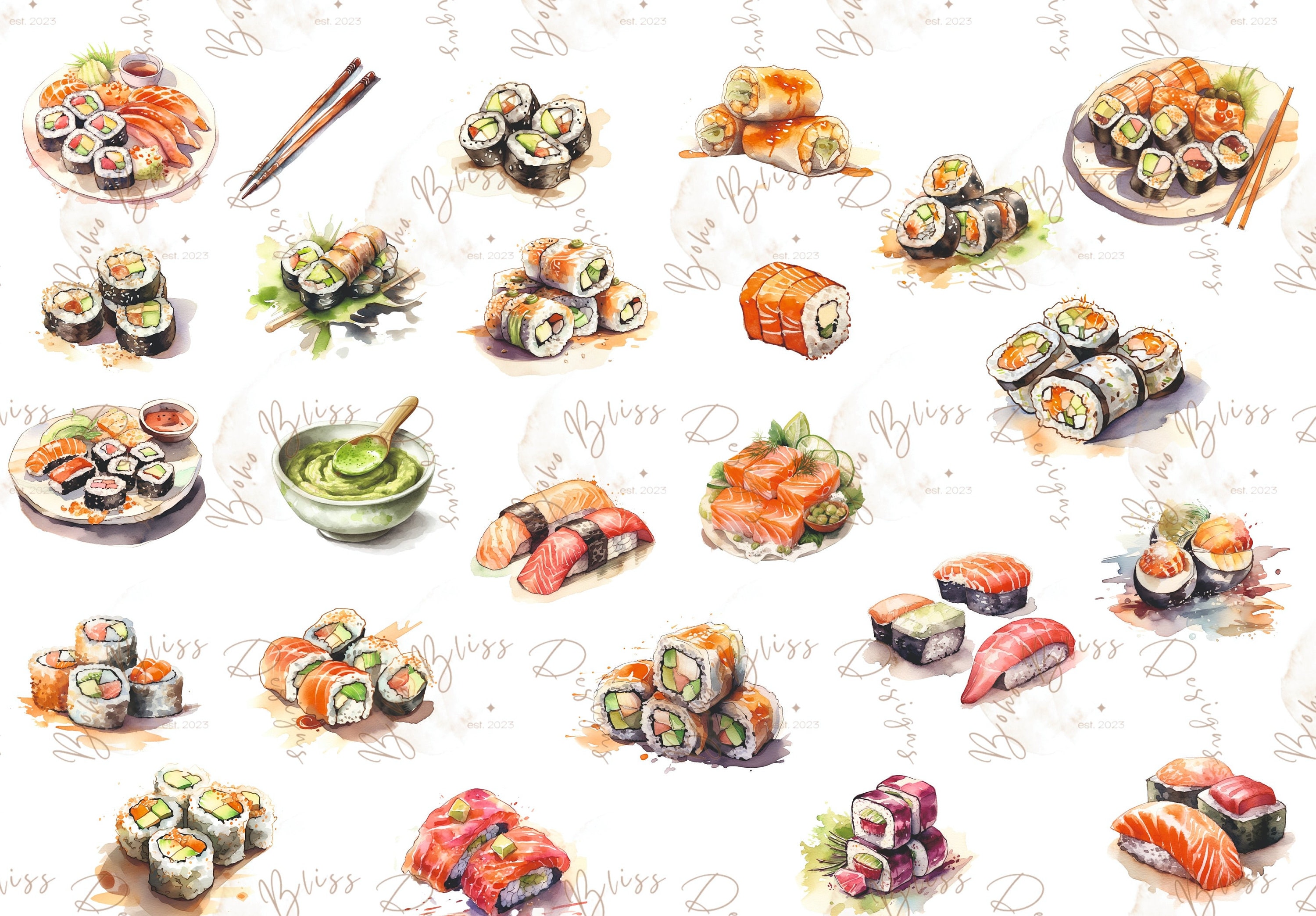 Sushi Clipart, Watercolor Sushi, Sushi Rolls, Sushi Party, Seafood ...