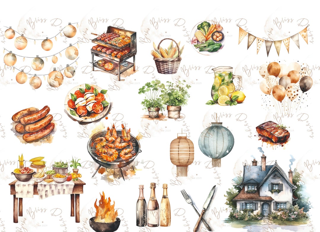 Watercolor BBQ Weekend Clipart, Summer Barbecue, Food Clipart, Summer ...
