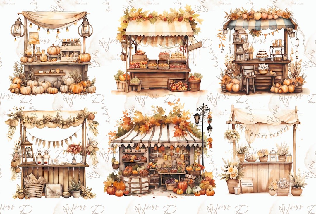 Watercolor Clipart, Fall Market, Farmers Market, Autumn, Pumpkin Stall ...