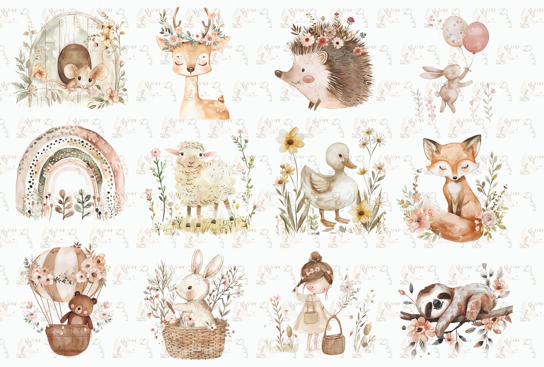 Boho Woodland Clipart, Cute Woodland Animals Clipart, Boho Woodland ...
