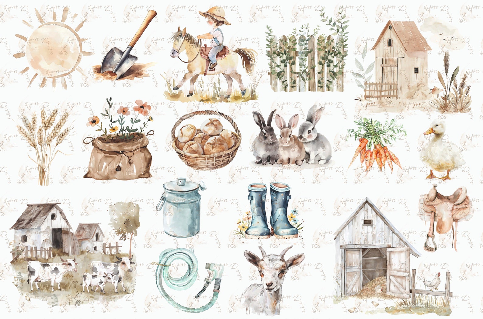 Cute Farm Clipart, Farm Animals Watercolor Digital Clipart, Farm ...