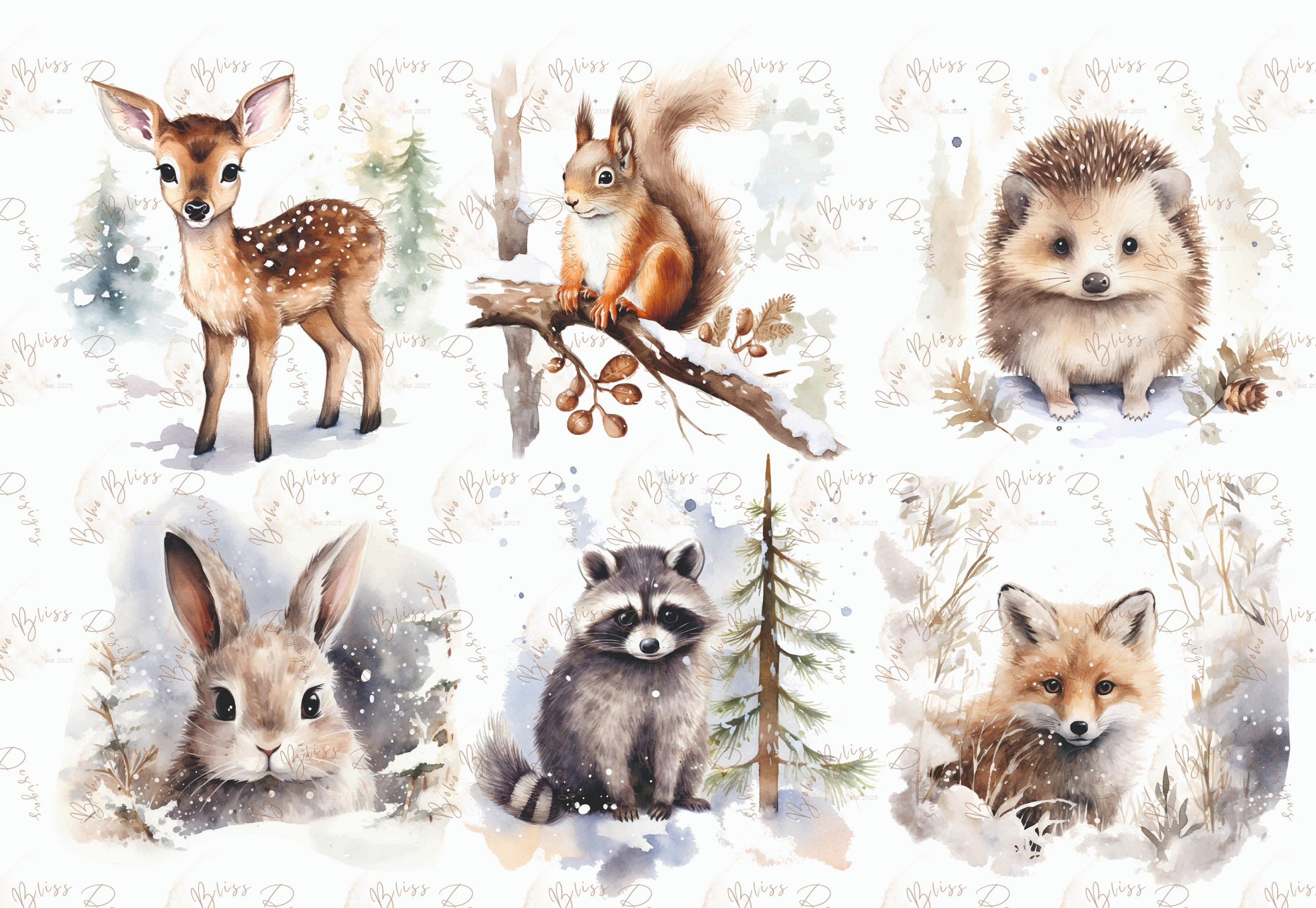 Winter Clipart Animal Clipart Watercolor Christmas Animals - Etsy